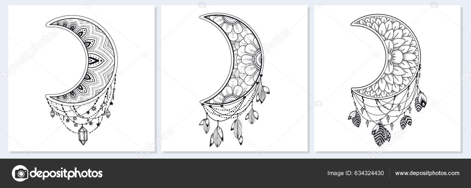 Set Moon Vector Illustration Template Design Line Art Esoteric Symbols ...