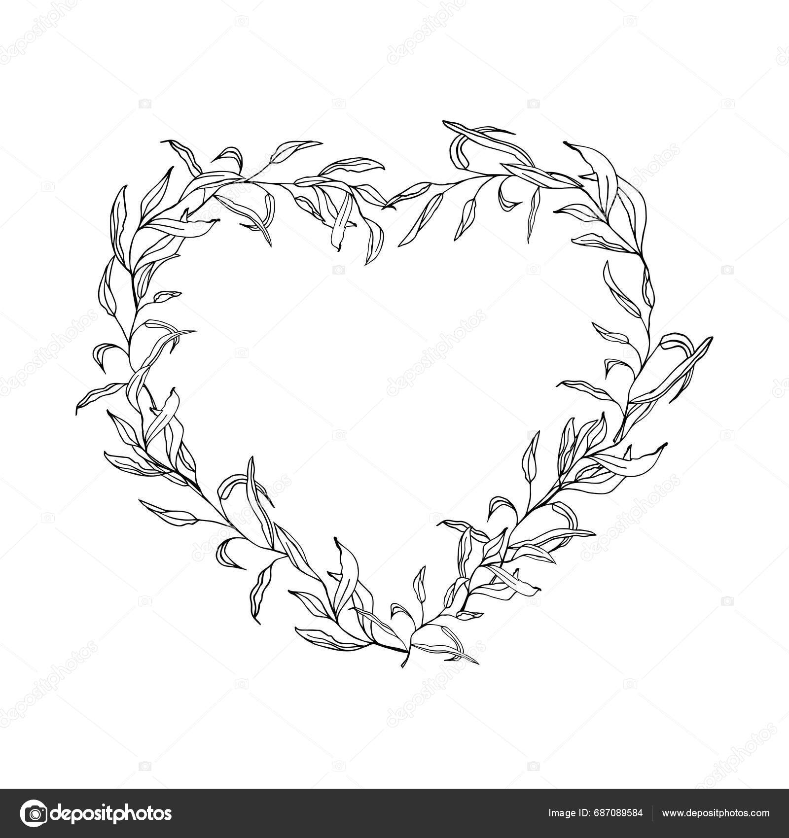 Floral Heart Frame Line Art Hand Drawn Leaves Vector Illustration Stock ...