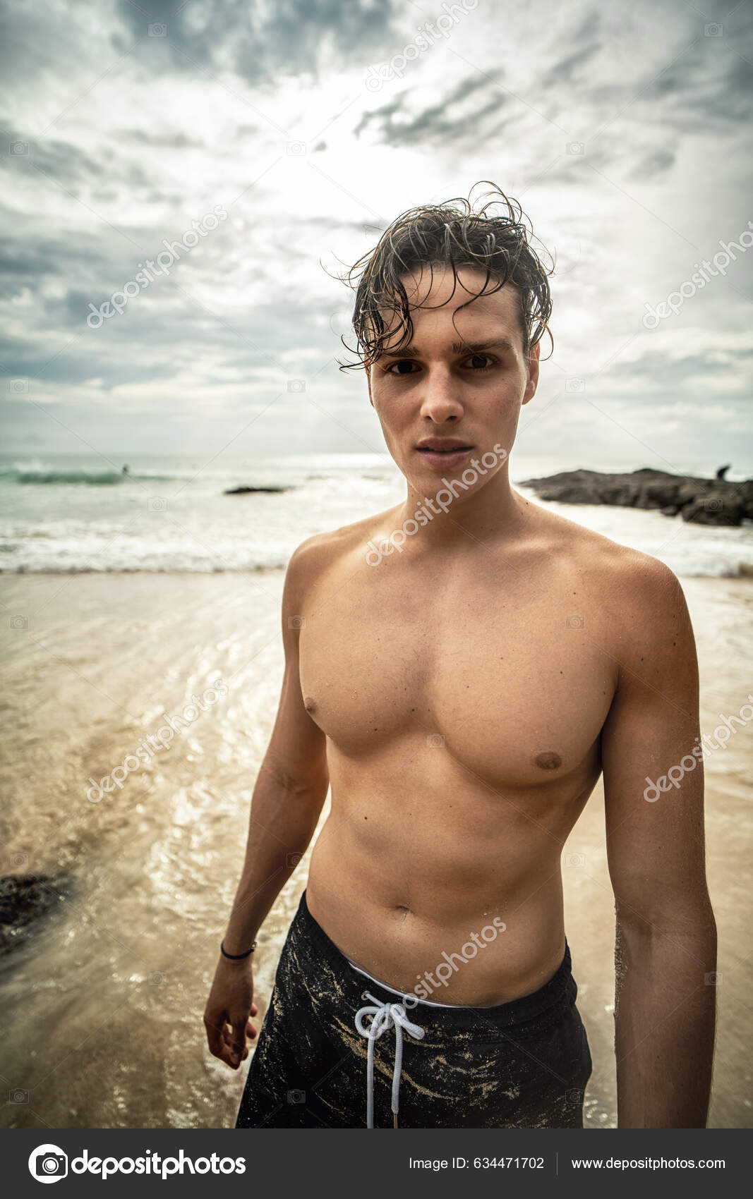 Fit Young Man Posing Shirtless Tropical Beach Looking Camera Smile ...