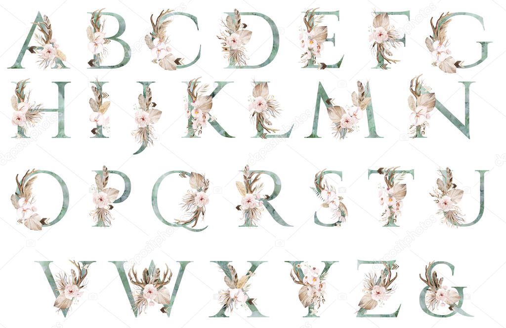 Letras verdes acuarela con astas marrones, flores y plumas tropicales ...