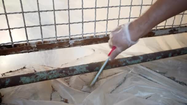 Process Removing Rust Metal Surface Steel Brush Worker Grinding Eroded ...