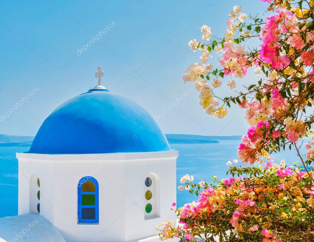 Domo azul de la iglesia con flores en Oia Santorini Grecia en un día soleado durante el verano ...