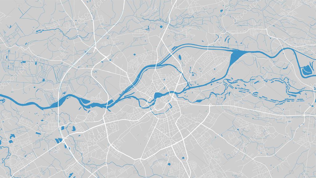 Oder river map, Wroclaw city, Poland. Watercourse, water flow, blue on ...