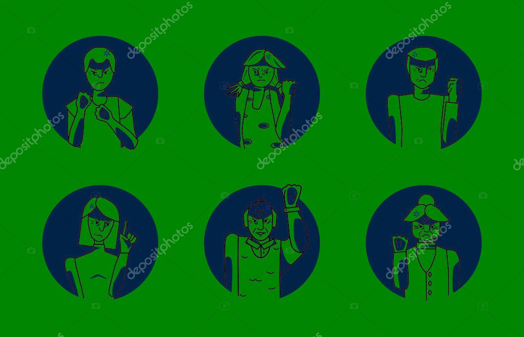 Conjunto de personajes de la emoción ira círculo iconos. Niño y niña ...
