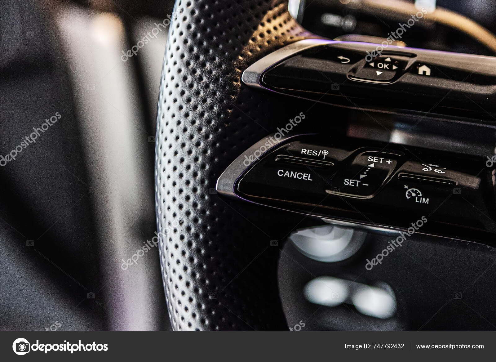 Close Luxury Car Steering Wheel Featuring Modern Control Buttons ...