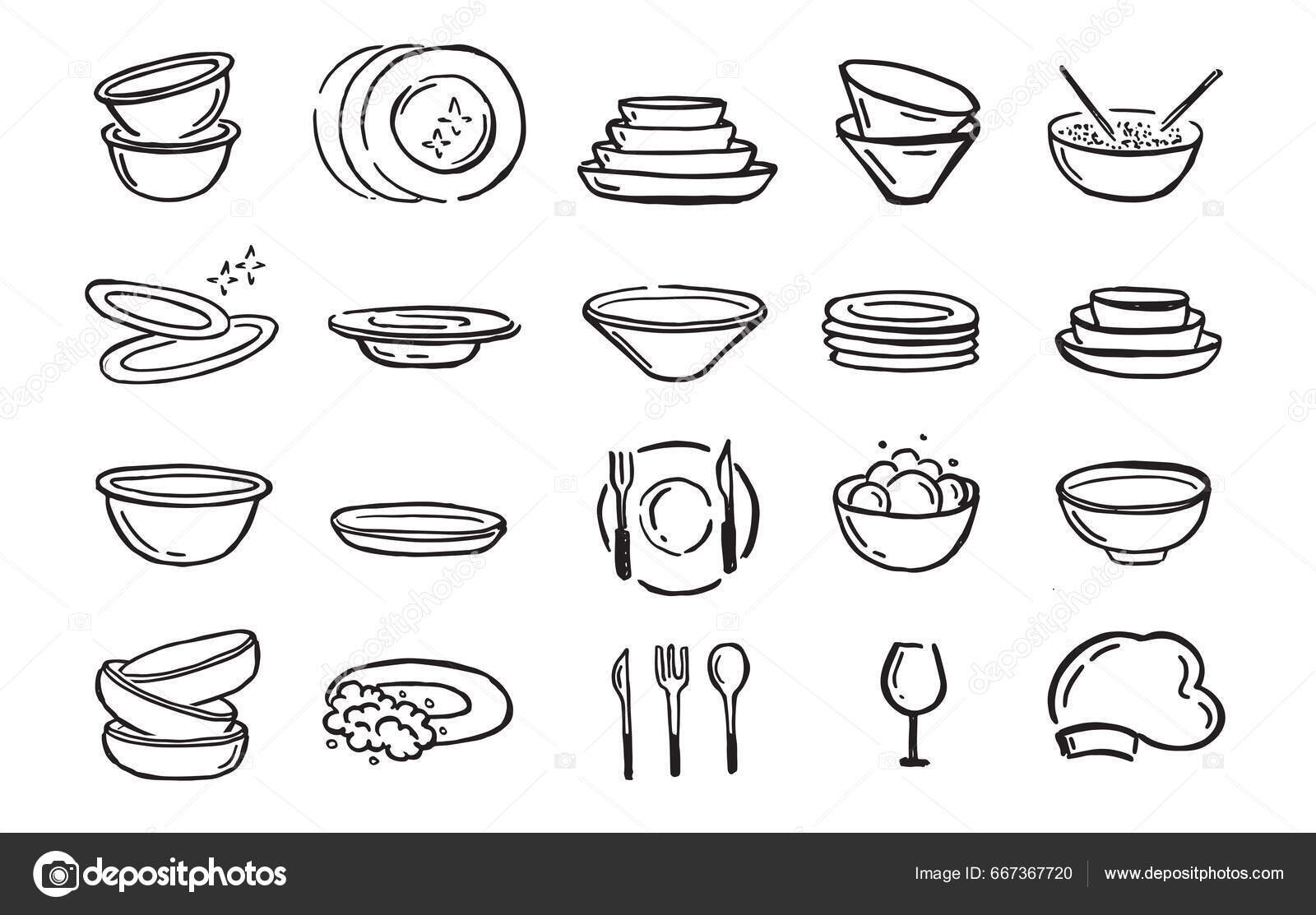 Plate Set Isolated White Background Hand Drawn Style Vector ...