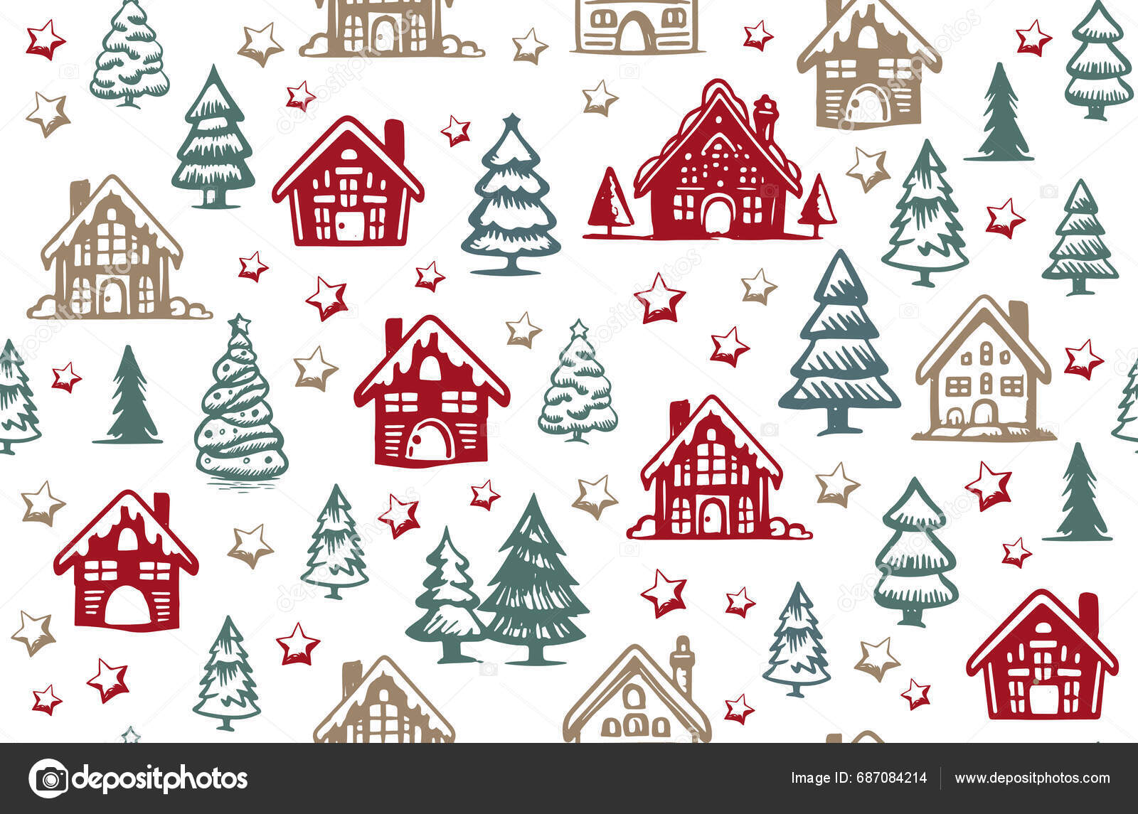 Christmas House Tree Has Drawn Illustrations Vector Stock Vector by ...