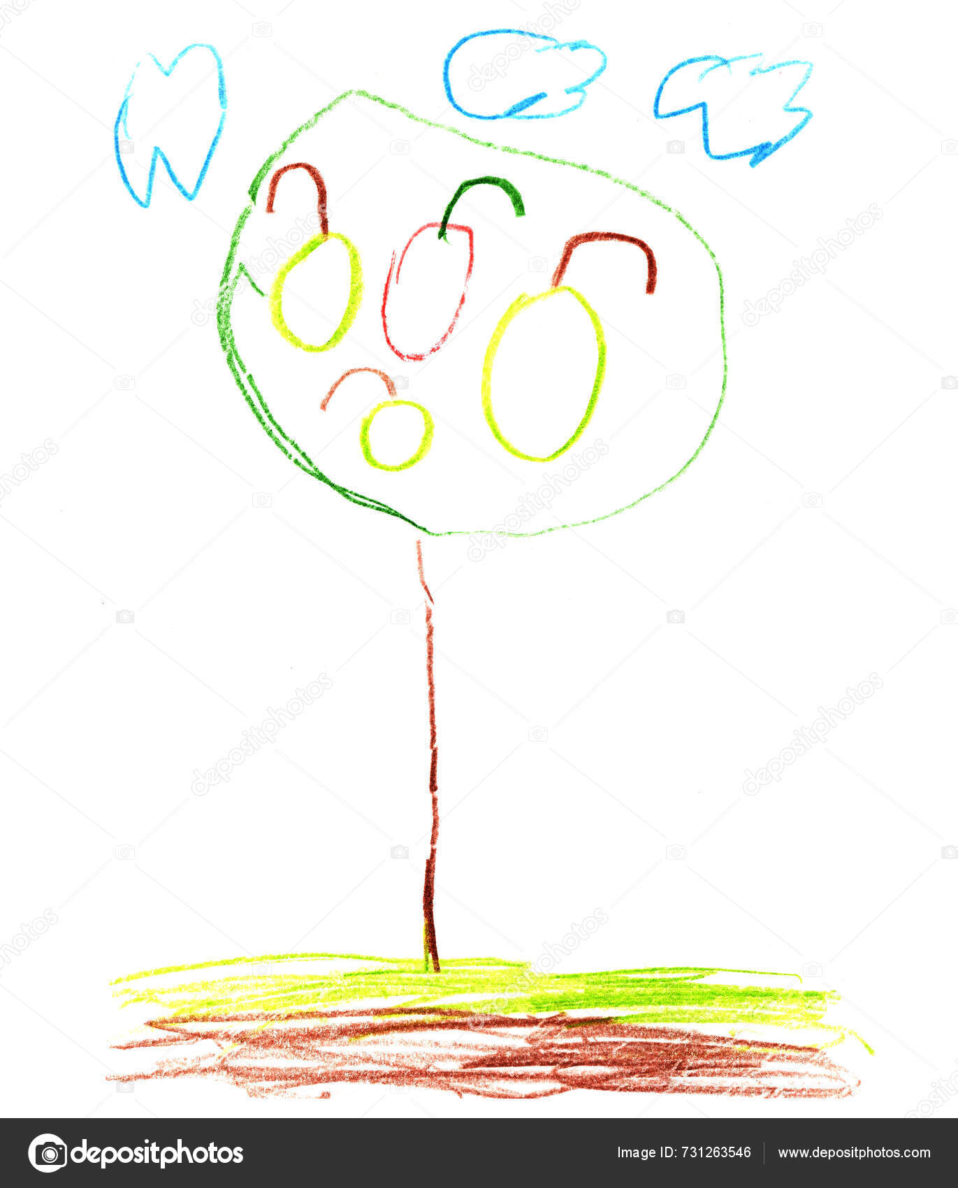 Crayon Kids Hand Drawn Colorful Apple Tree Isolated White Background ...