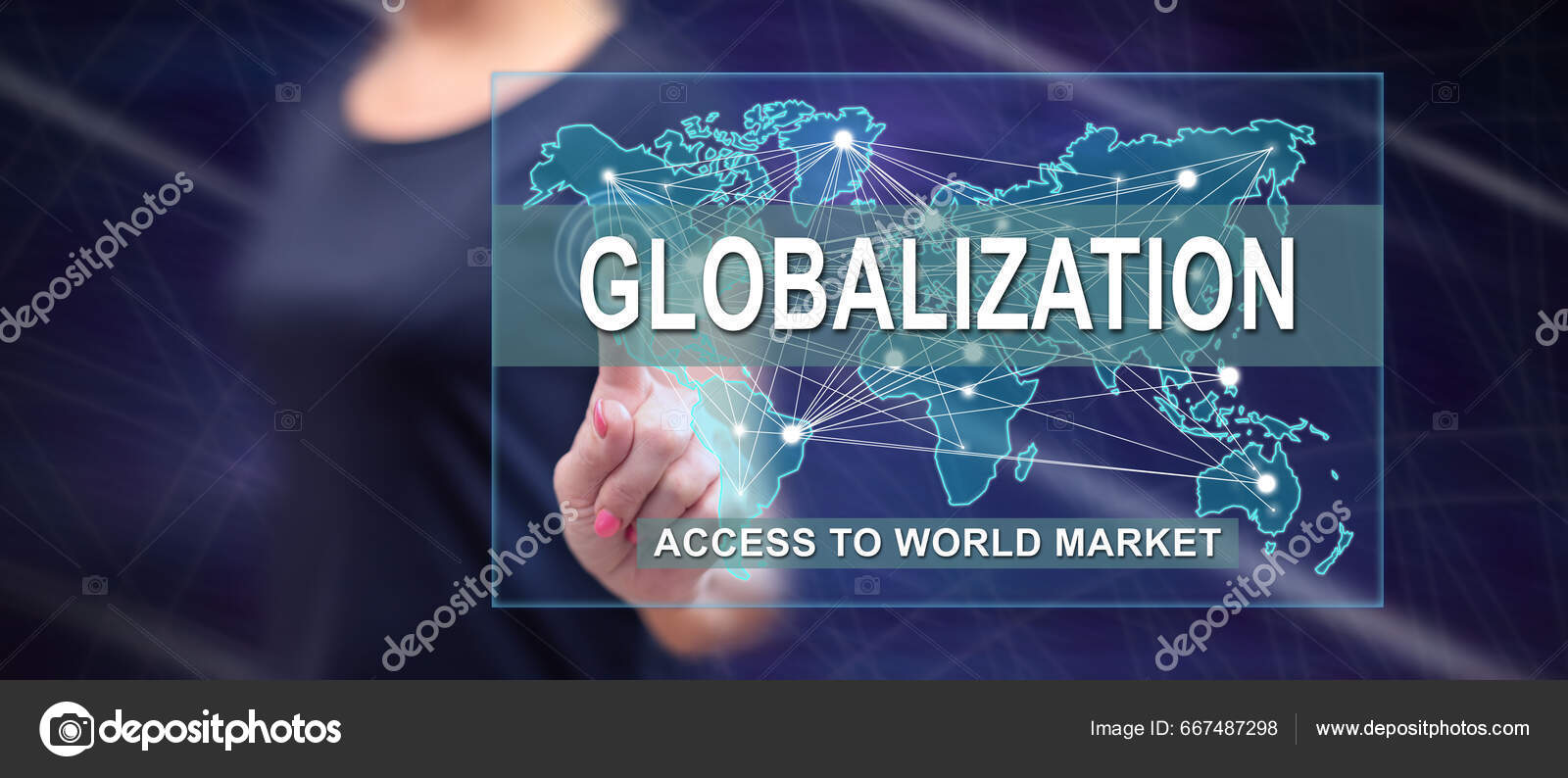 Woman Touching Globalization Concept Touch Screen Her Finger — Stock ...
