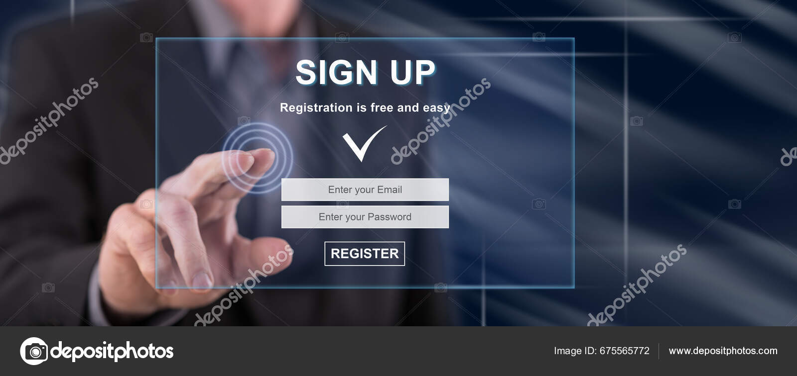 Man Touching Signup Concept Touch Screen His Finger — Stock Photo ...