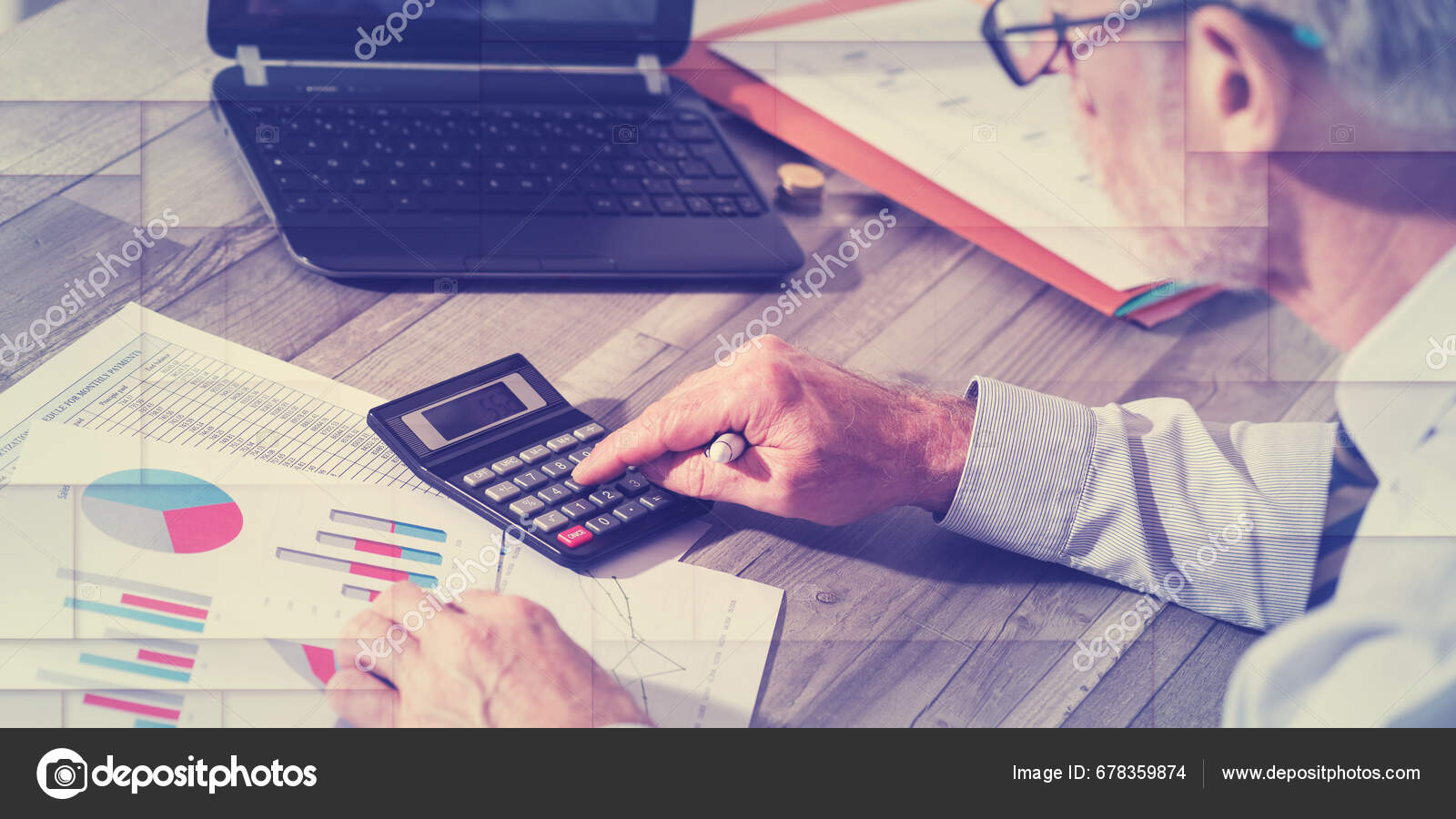 Accountant Working Financial Documents Using Calculator Geometric ...