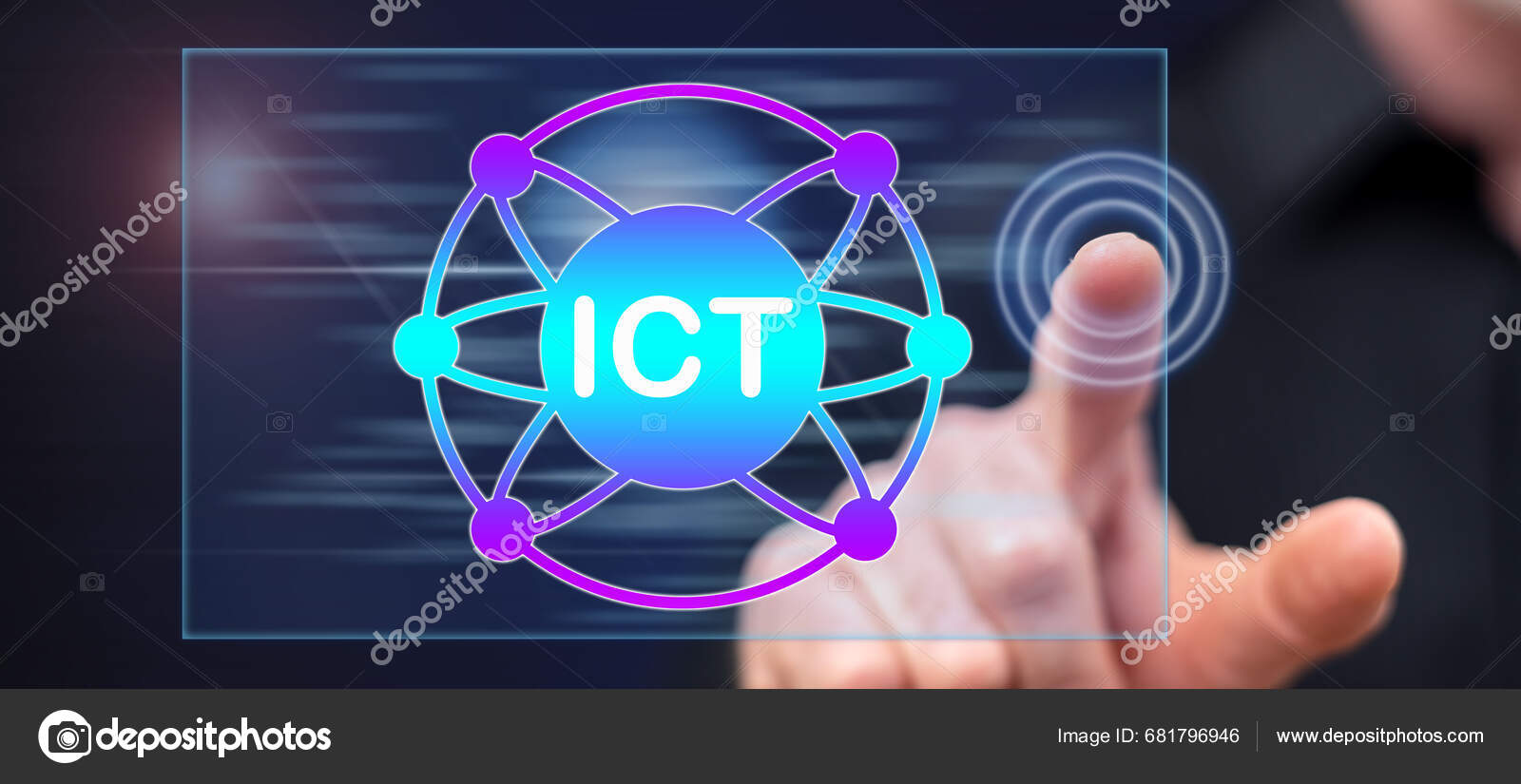 Hombre Tocando Concepto Ict Una Pantalla Táctil Con Dedo — Foto de ...