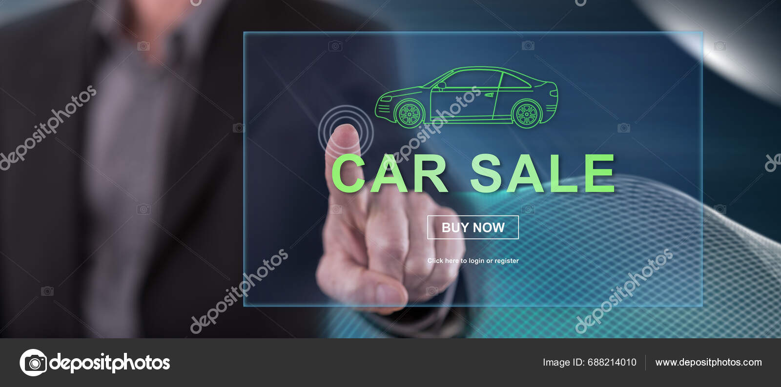 Man Touching Car Sale Concept Touch Screen His Finger — Stock Photo ...