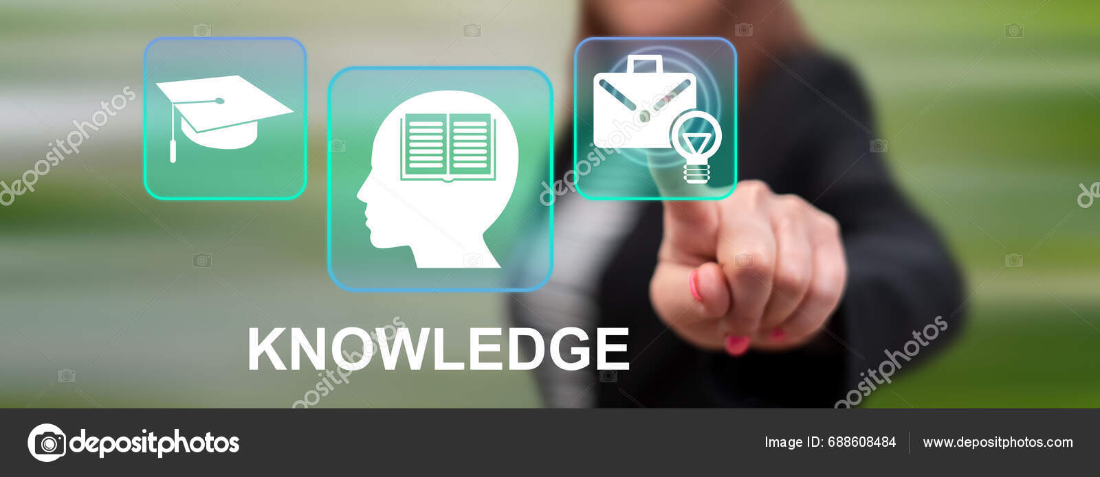 Woman Touching Knowledge Concept Touch Screen Her Finger — Stock Photo ...