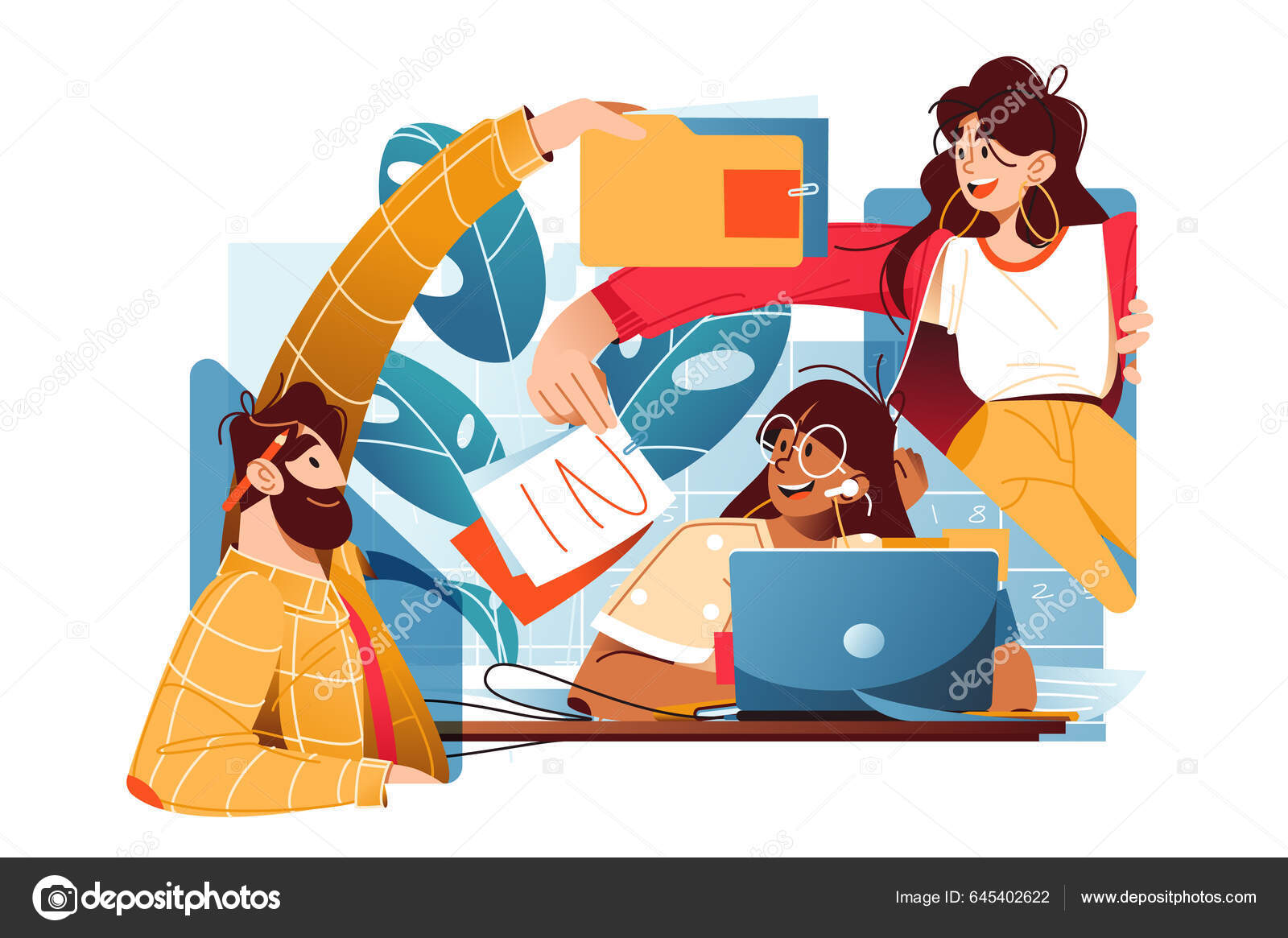 Team Three Colleagues Discuss Exchange Documents Modern Office Vector ...