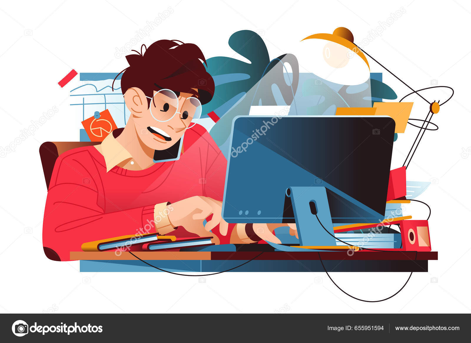 Busy Worker Sits Desk Computer Frantically Typing Holding Phone Vector ...