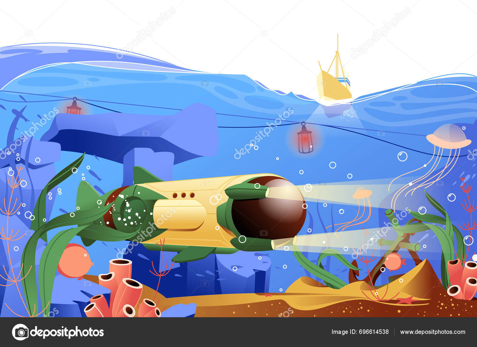 Underwater Exploration Vector Illustration Vibrant Scene Yellow ...