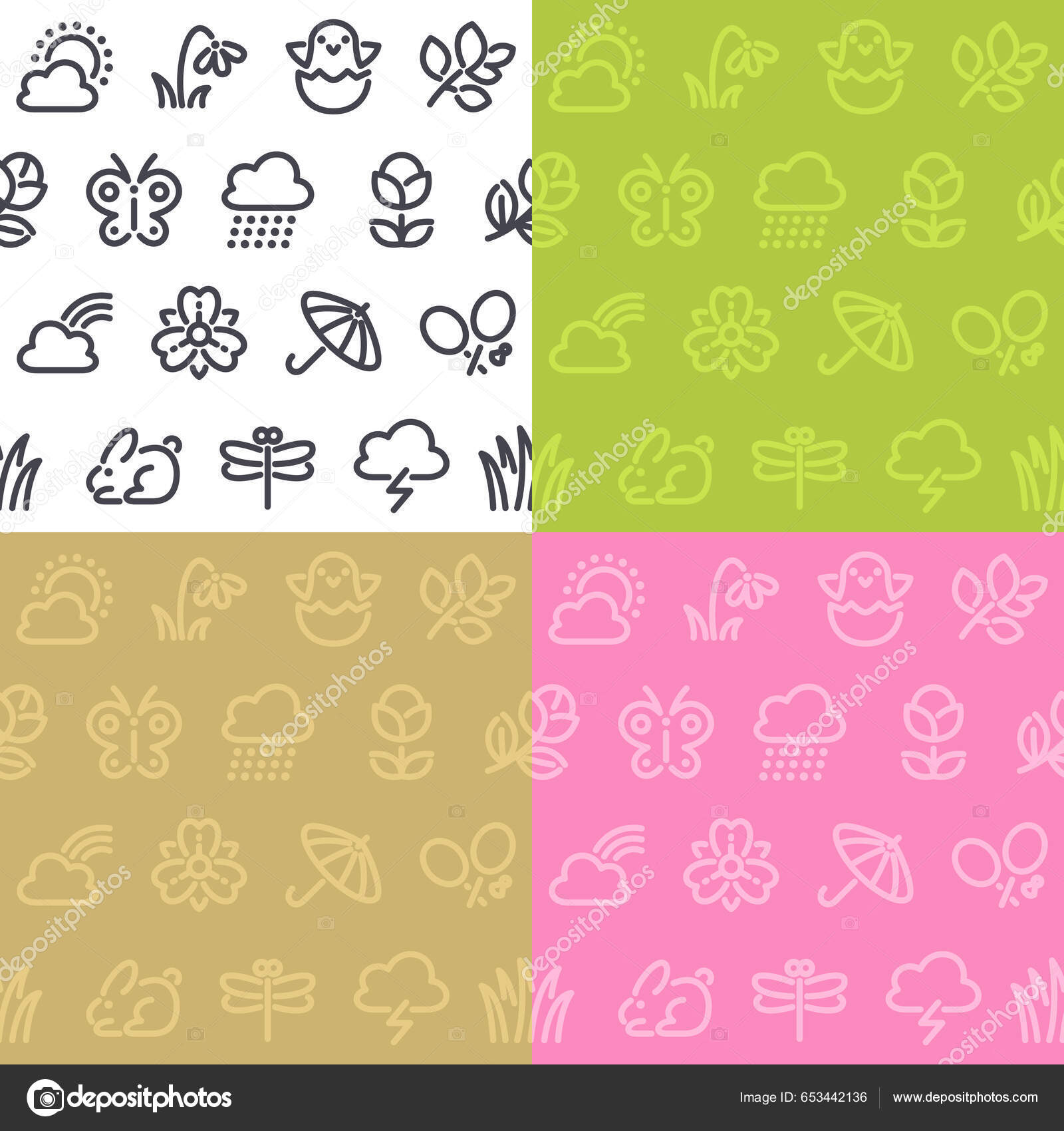 Patrón Sin Costura Primavera Con Iconos Cuatro Variantes Color ...