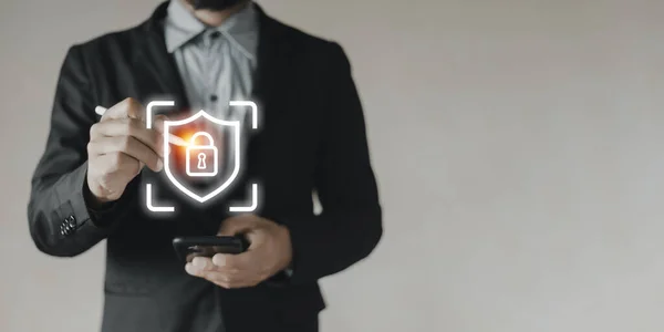 Security privacy lock safe password. Businessman pointing virtual ...