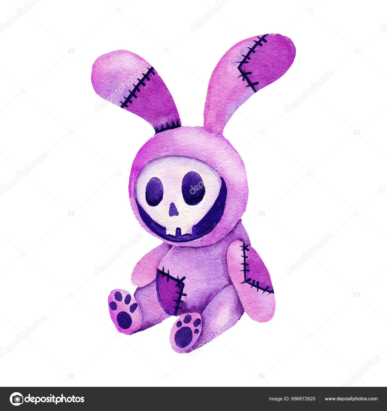 Hand Drawn Illustration Cute Purple Halloween Rabbit Bunny Skeleton ...