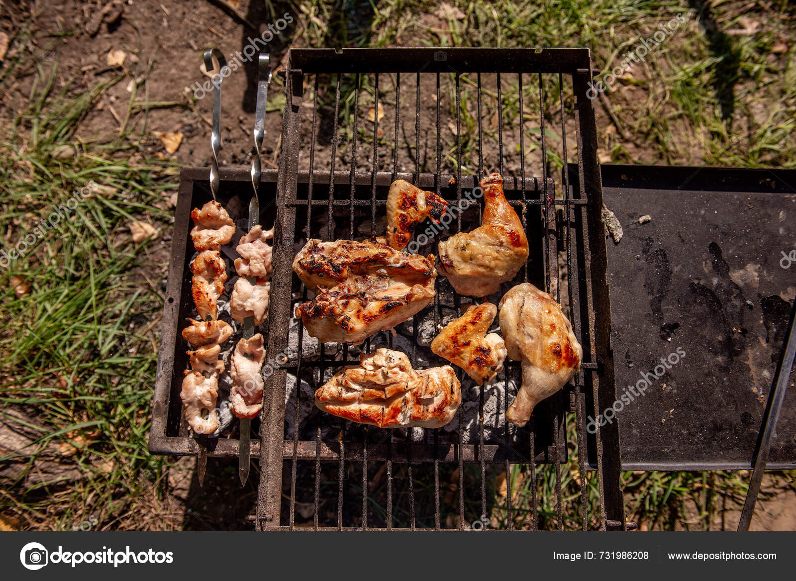 Vista Superior Varios Trozos Pollo Pinchos Parrilla Una Barbacoa ...