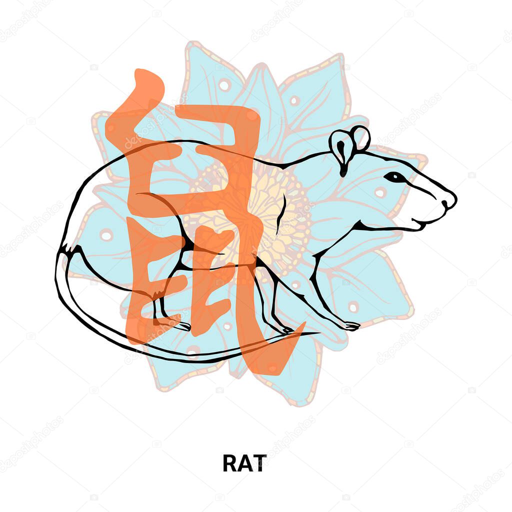 Año de la rata. Horóscopo oriental sobre fondo de loto azul. Diseño del ...