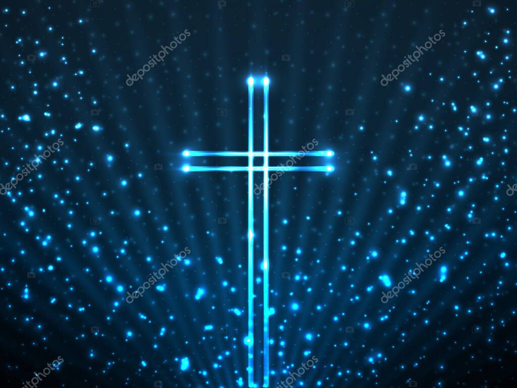 Cruz cristiana brillante sobre partículas de brillo de fondo y rayos ...