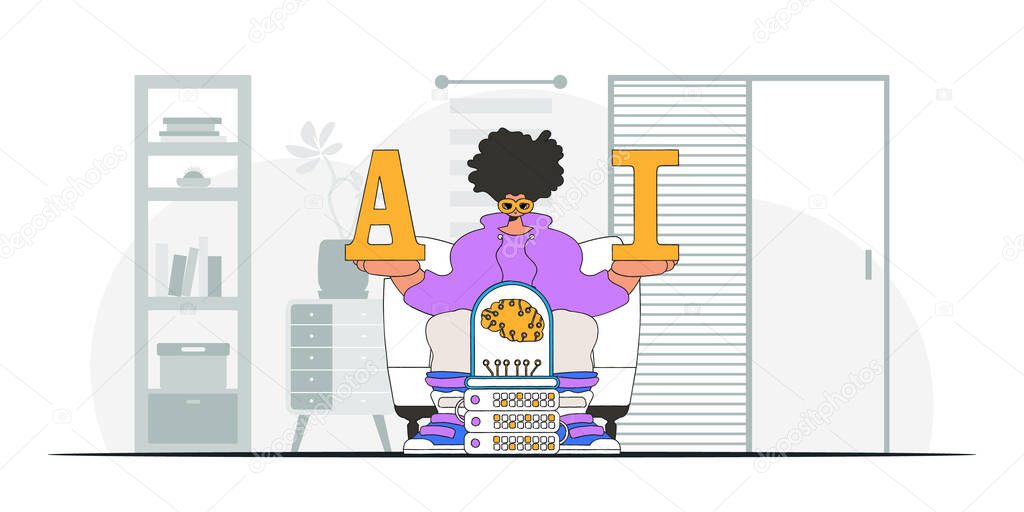 El hombre sostiene un cerebro de IA, dibujado en una ilustraci n vectorial de estilo moderno. 2024