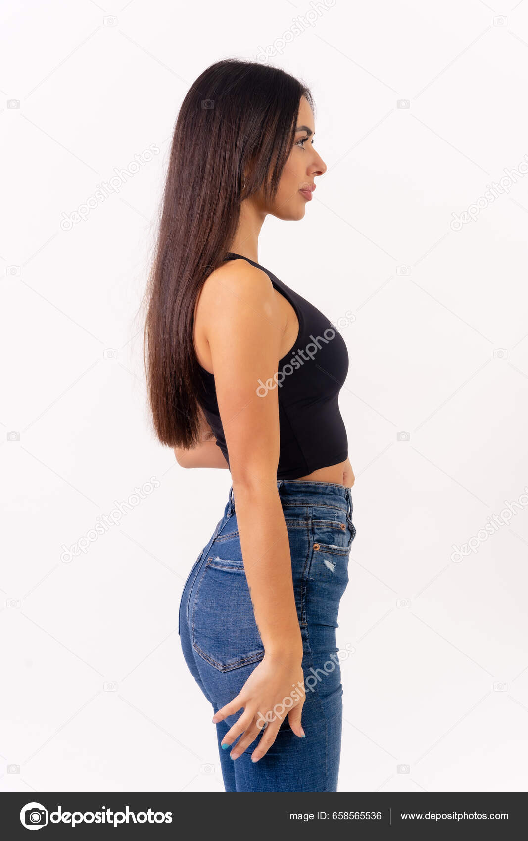 Brunette Woman White Background Casting Studio Shots Portrait Jeans ...