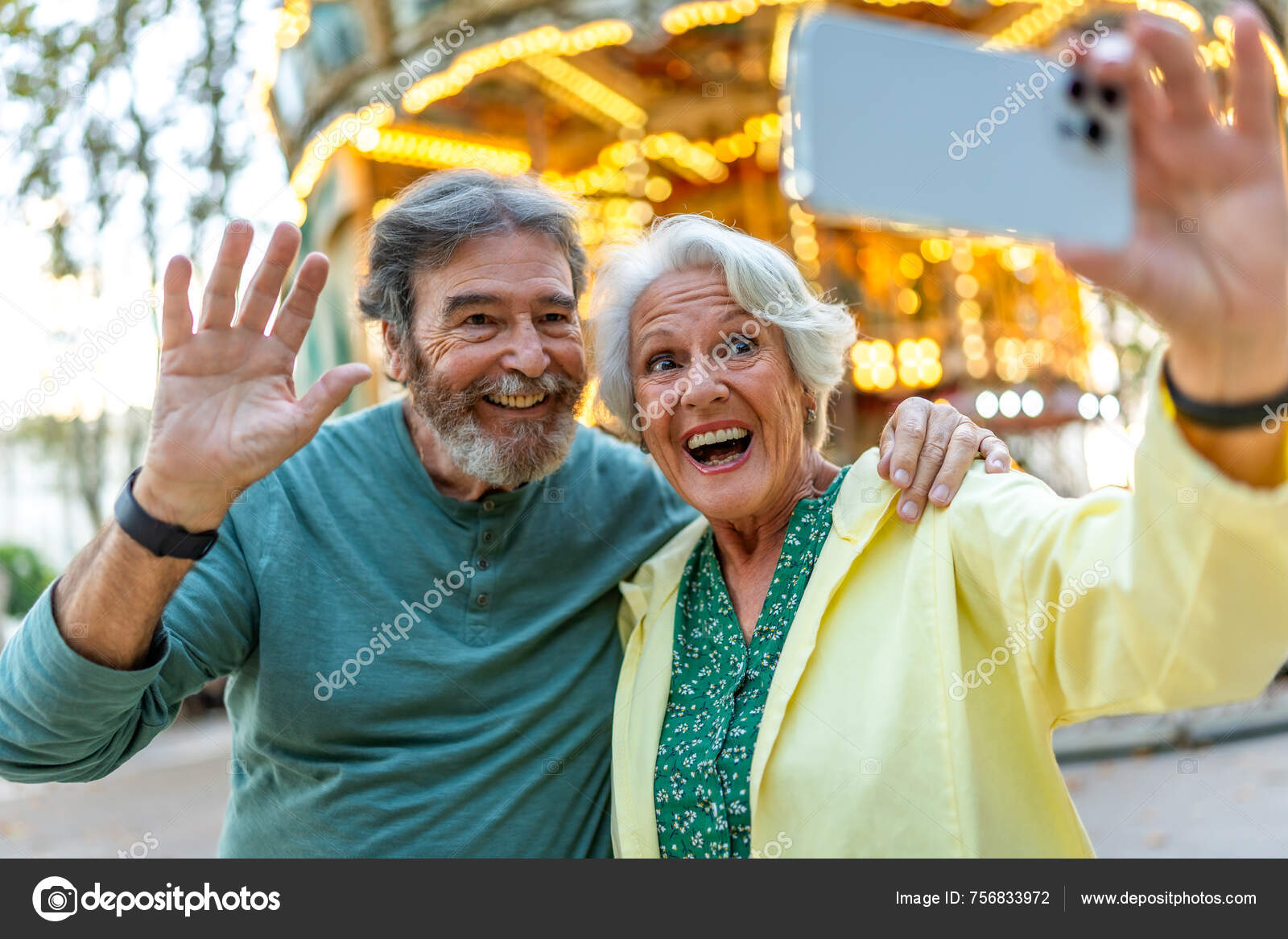Senior Couple Waving Camera While Taking Selfie City Next Carousel ...