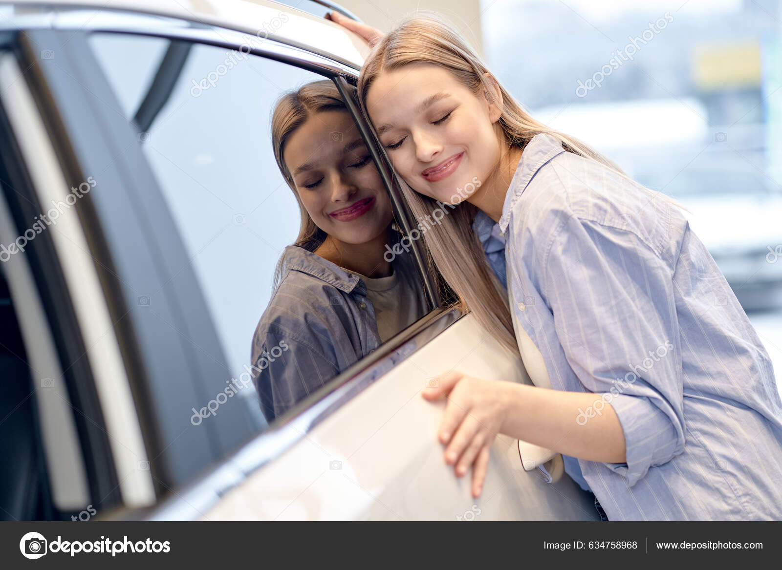 Cute Female Hugging New Car Dealership Office Overjoyed Customer Lady ...
