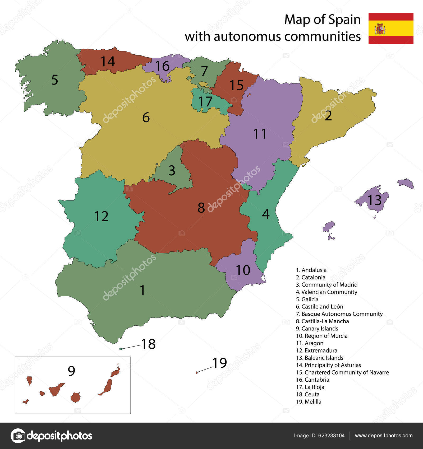 España Mapa Con Comunidades Autónomas Ilustración Vectorial vector ...
