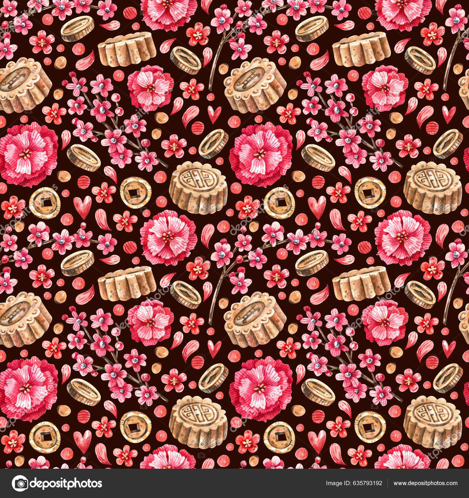 Watercolor Seamless Pattern Traditional Chinese Sweets Red Flowers ...