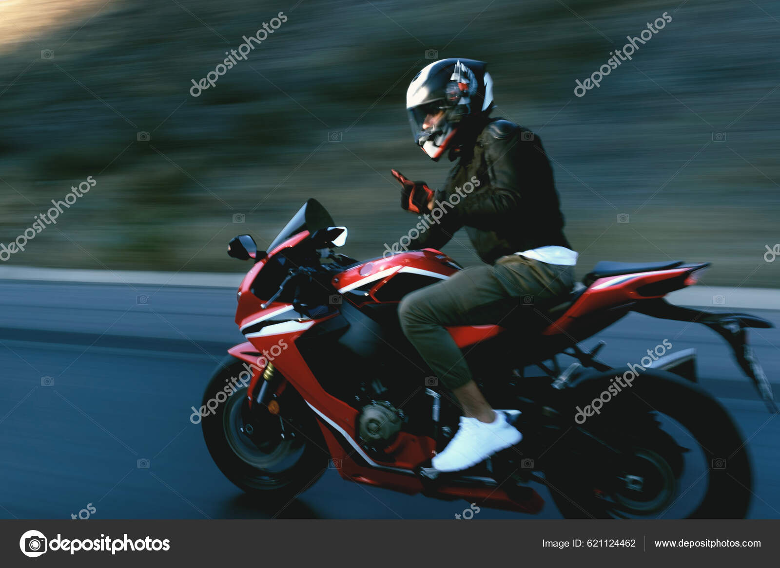 Side View Motorcycle Rider Riding Red Race Motorcycle Highway Motion ...