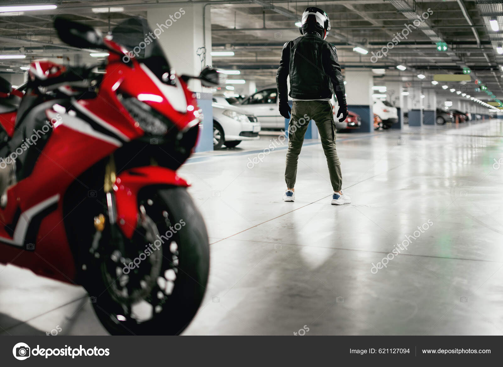 Back View Motorcycle Rider Helmet Defocused Race Motorcycle Car Parking ...