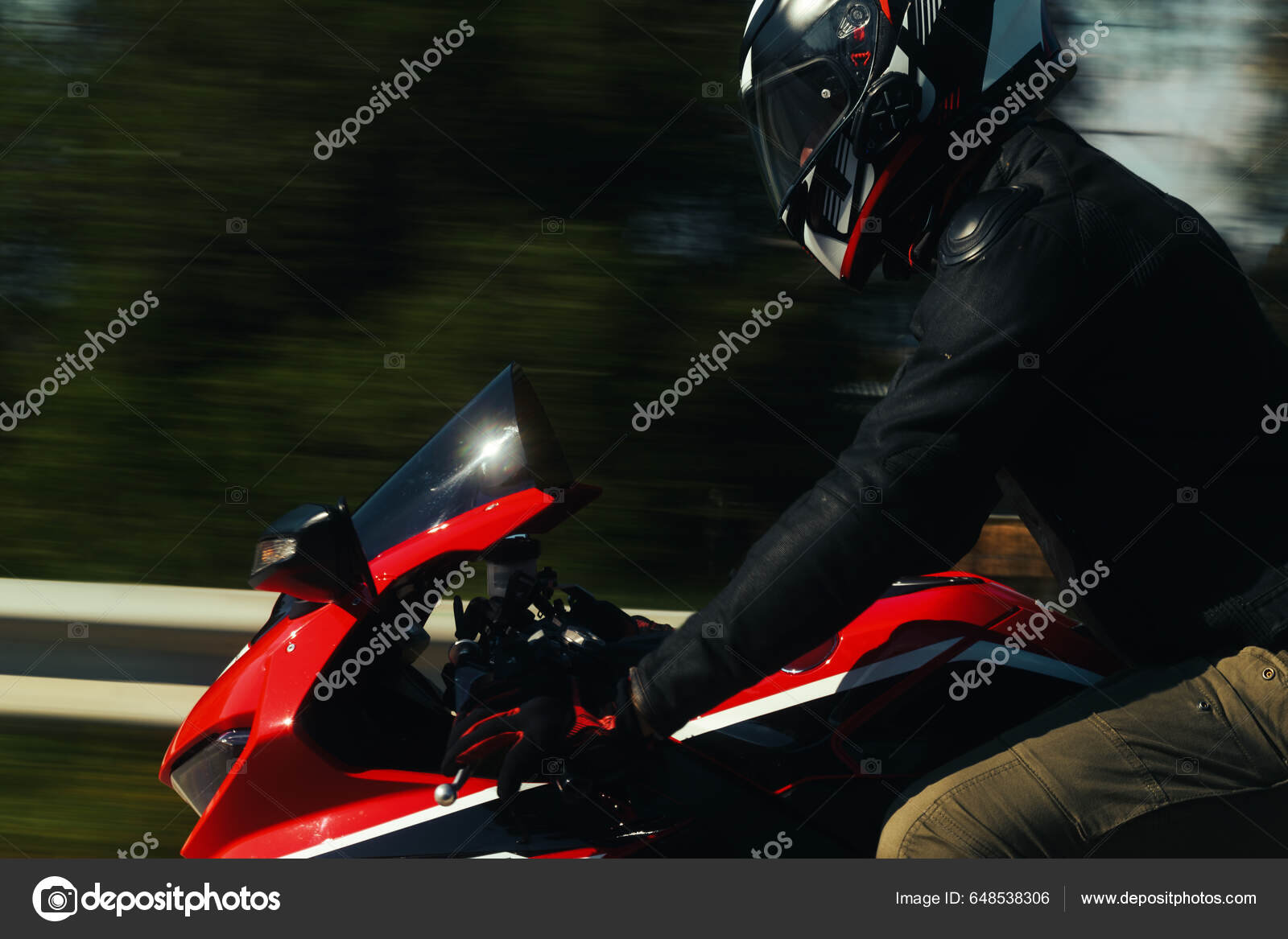 Side View Motorcycle Rider Riding Red Race Motorcycle Highway Motion ...