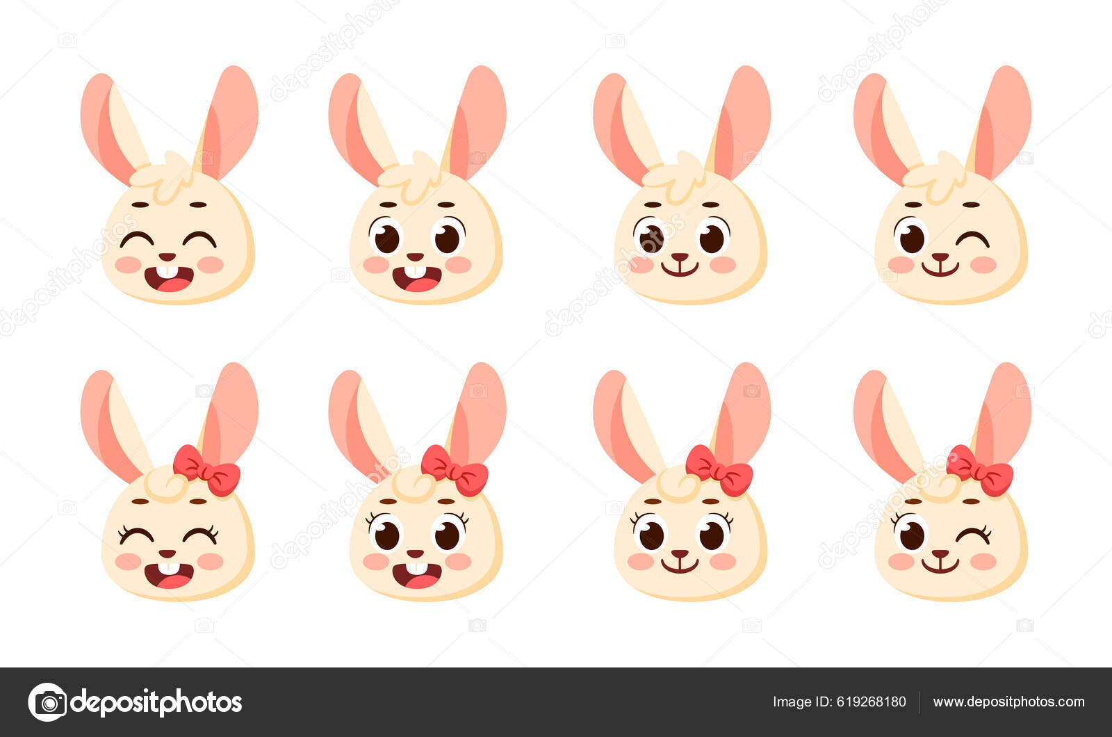 Set Cute Happy Rabbit Avatar Characters Vector Illustration Stock ...