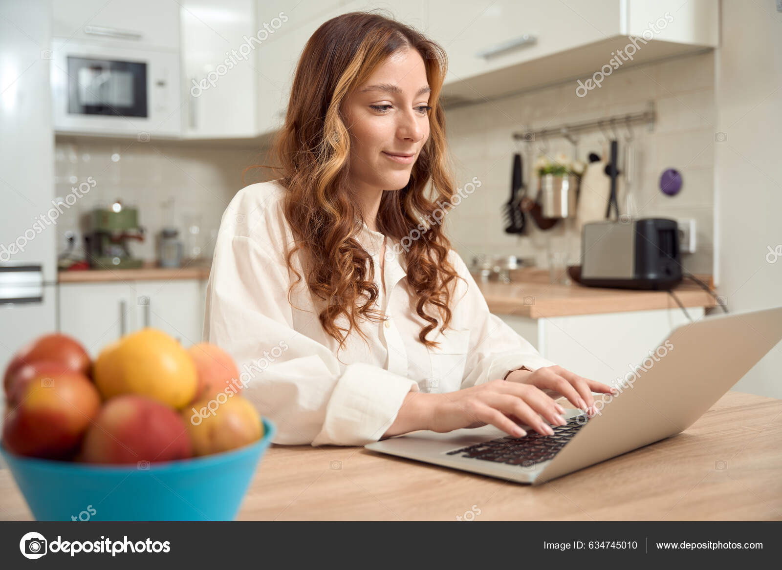 Concentrated Young Caucasian Woman Sitting Table Typing Laptop Keyboard ...