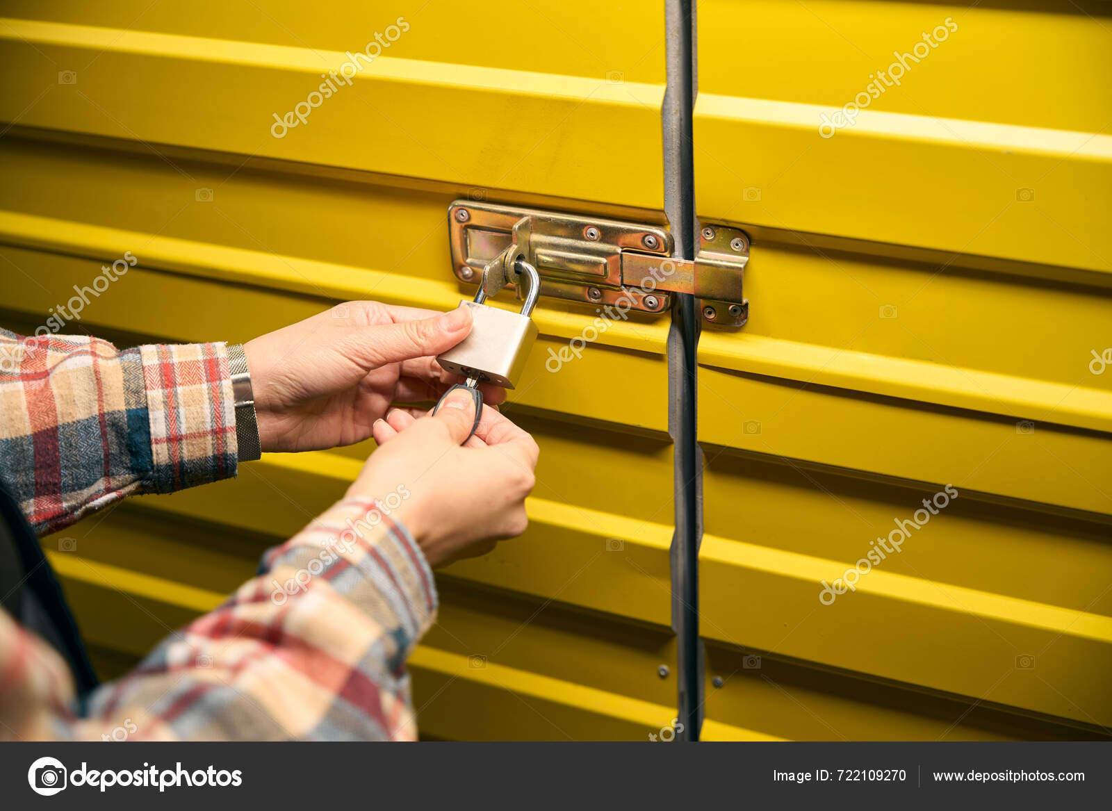 Cropped Photo Storehouse Employee Inserting Key Keyhole Lock Hanging ...