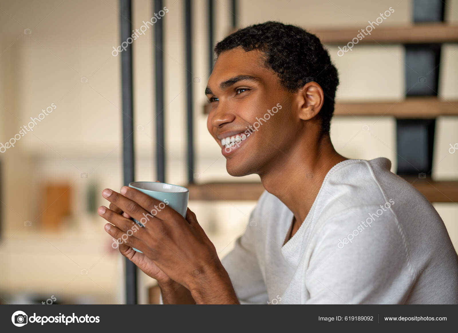 Morning Coffee Young Smiling Man Home Having Coffee Looking Contented ...