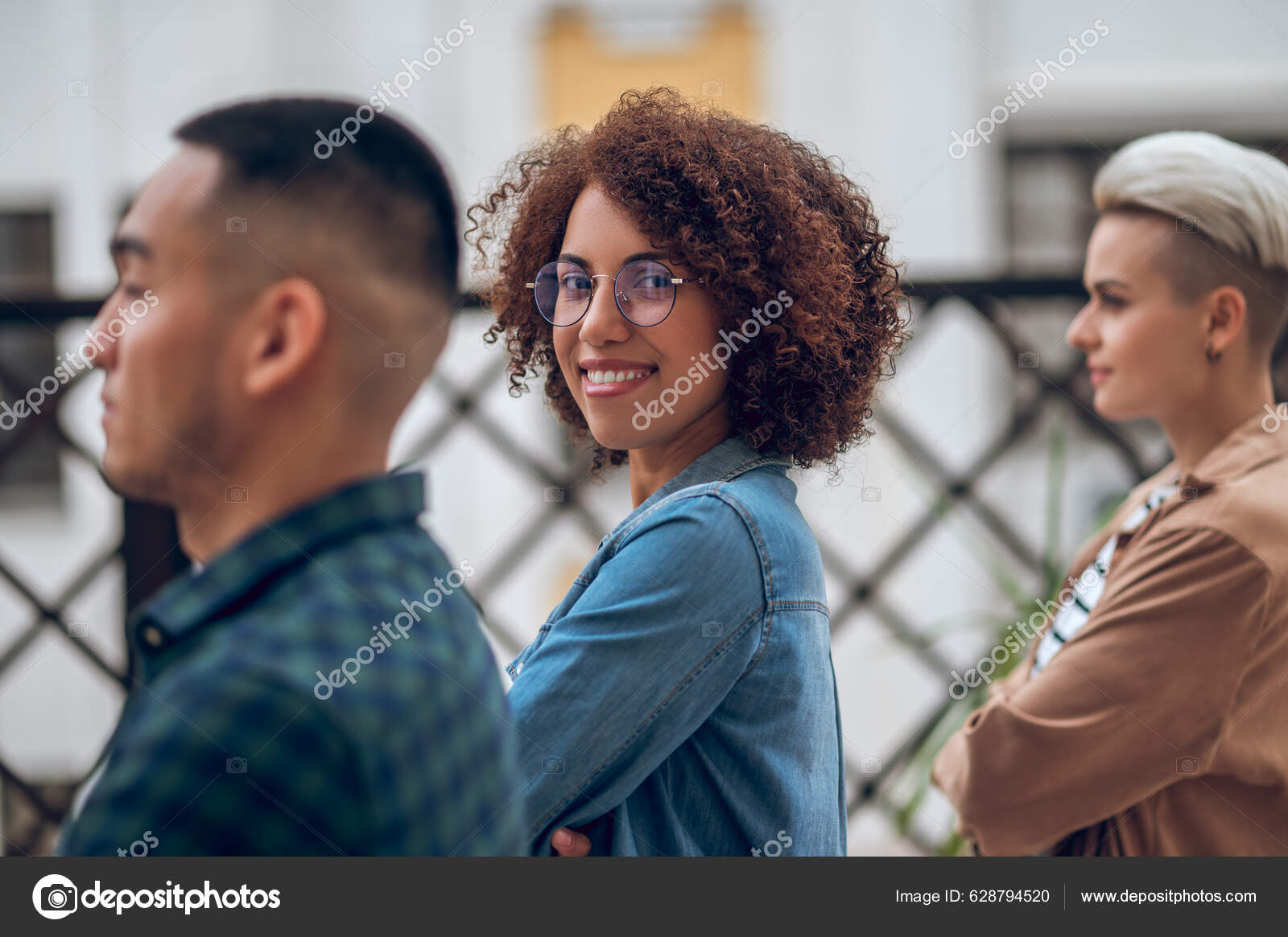 Portrait Smiling Happy Lovely Lady Eyeglasses Company Her Friends ...
