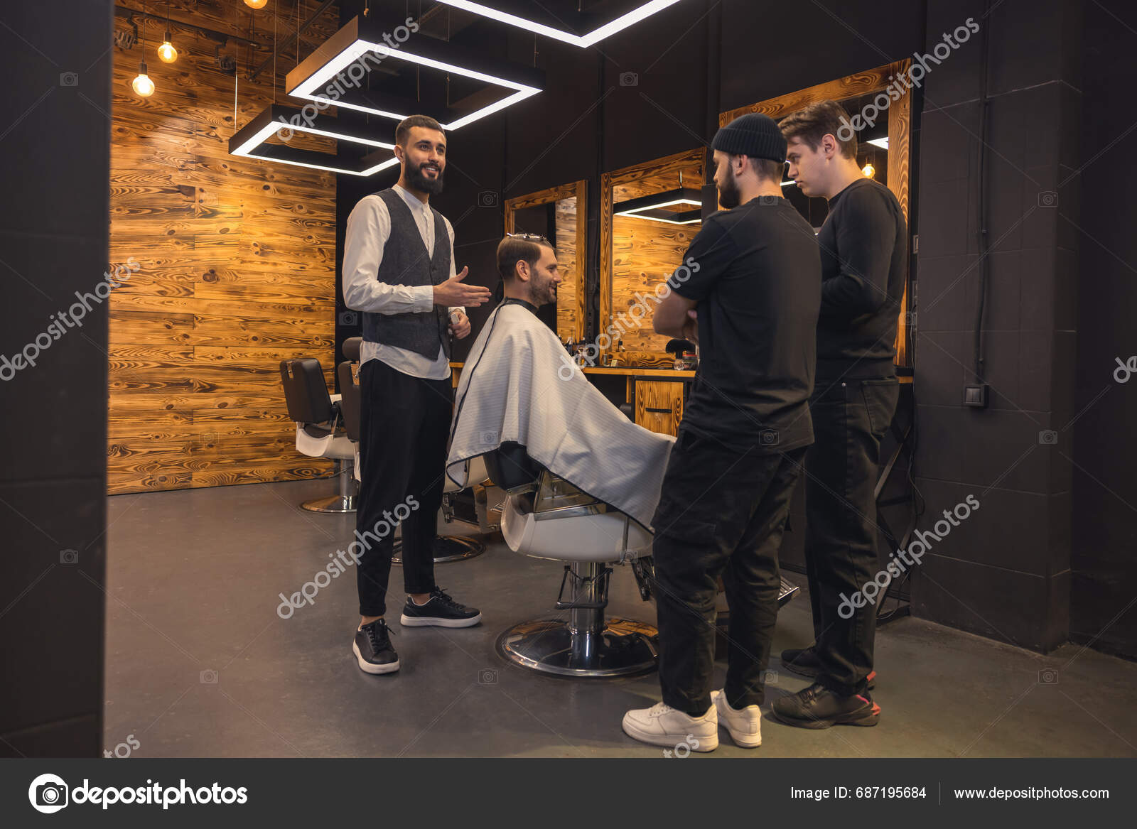 Professional Barber Teaches Student Make Mens Hairstyles Model — Stock ...
