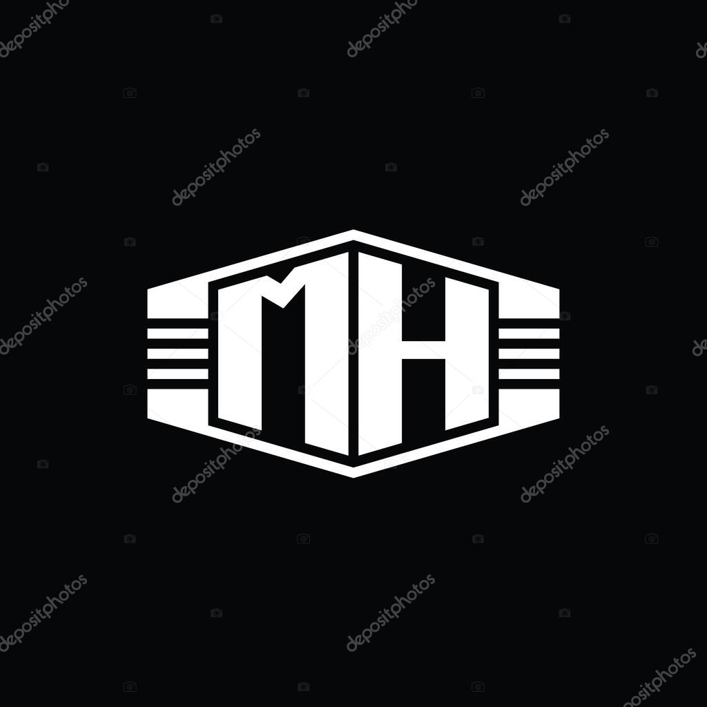 MH Letra Logo monograma hexágono emblema forma con rayas esquema estilo ...