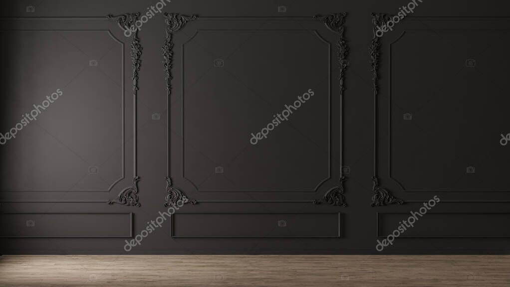 Pared Negra Con Molduras Estilo Clásico Suelo Madera Interior ...