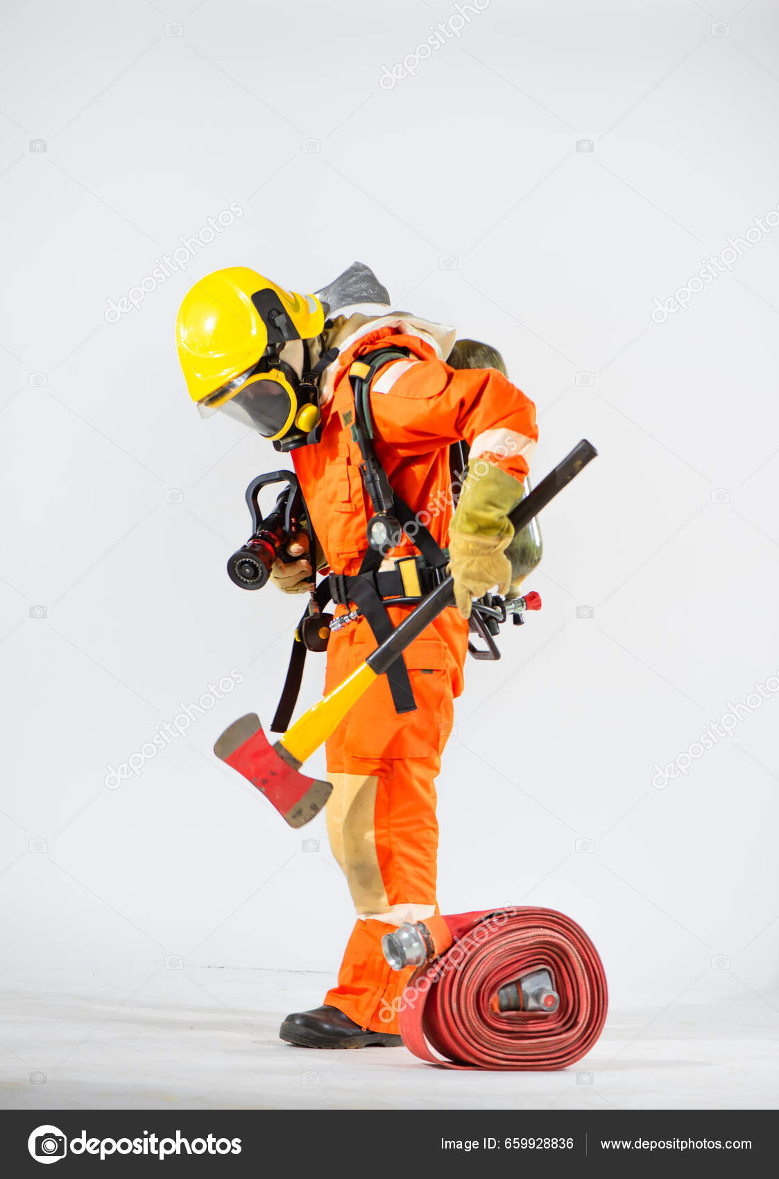 Side View Firefighter Standing White Background One Held Fire Hose ...