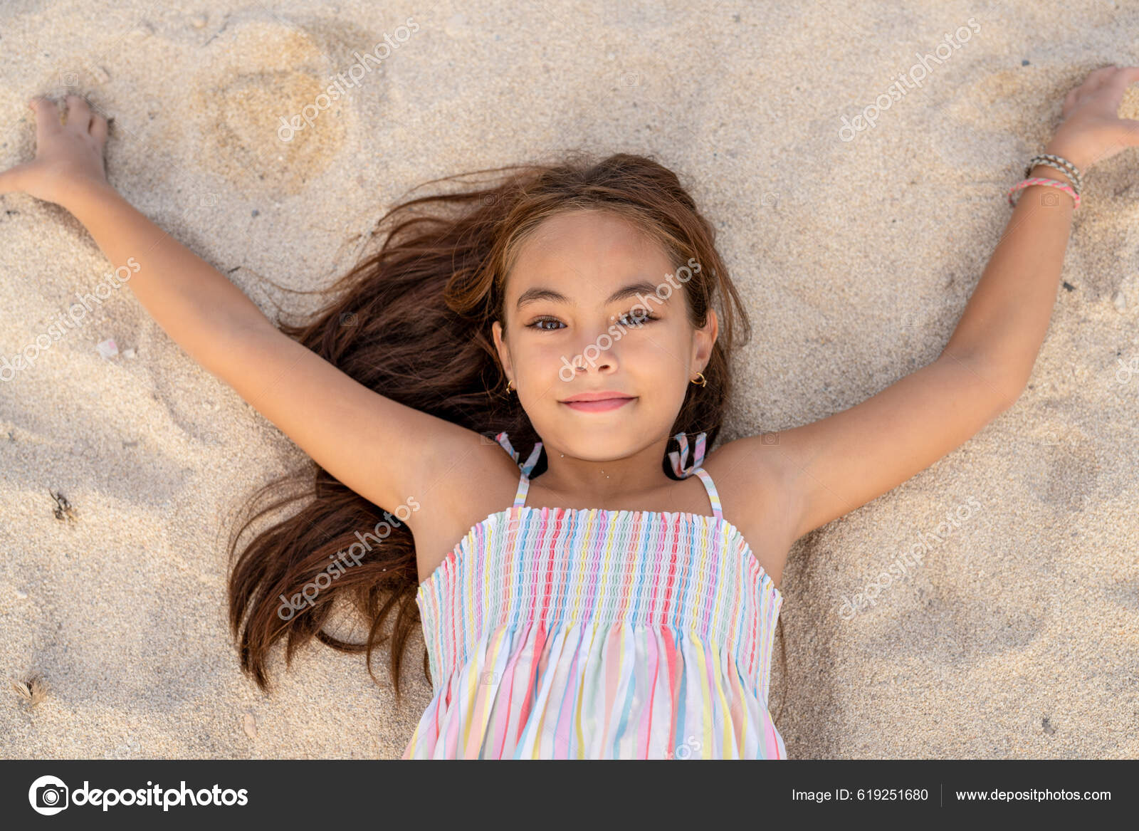 Smiling Cute Little Girl Lying Sand Child Vacation — Stock Photo © info ...
