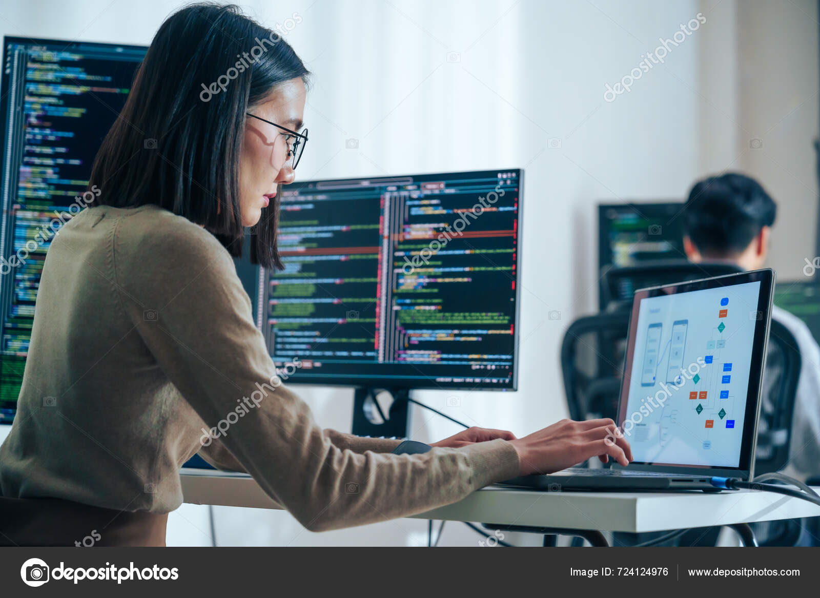 Asian Software Developers Working Multiple Screens Displaying Code ...