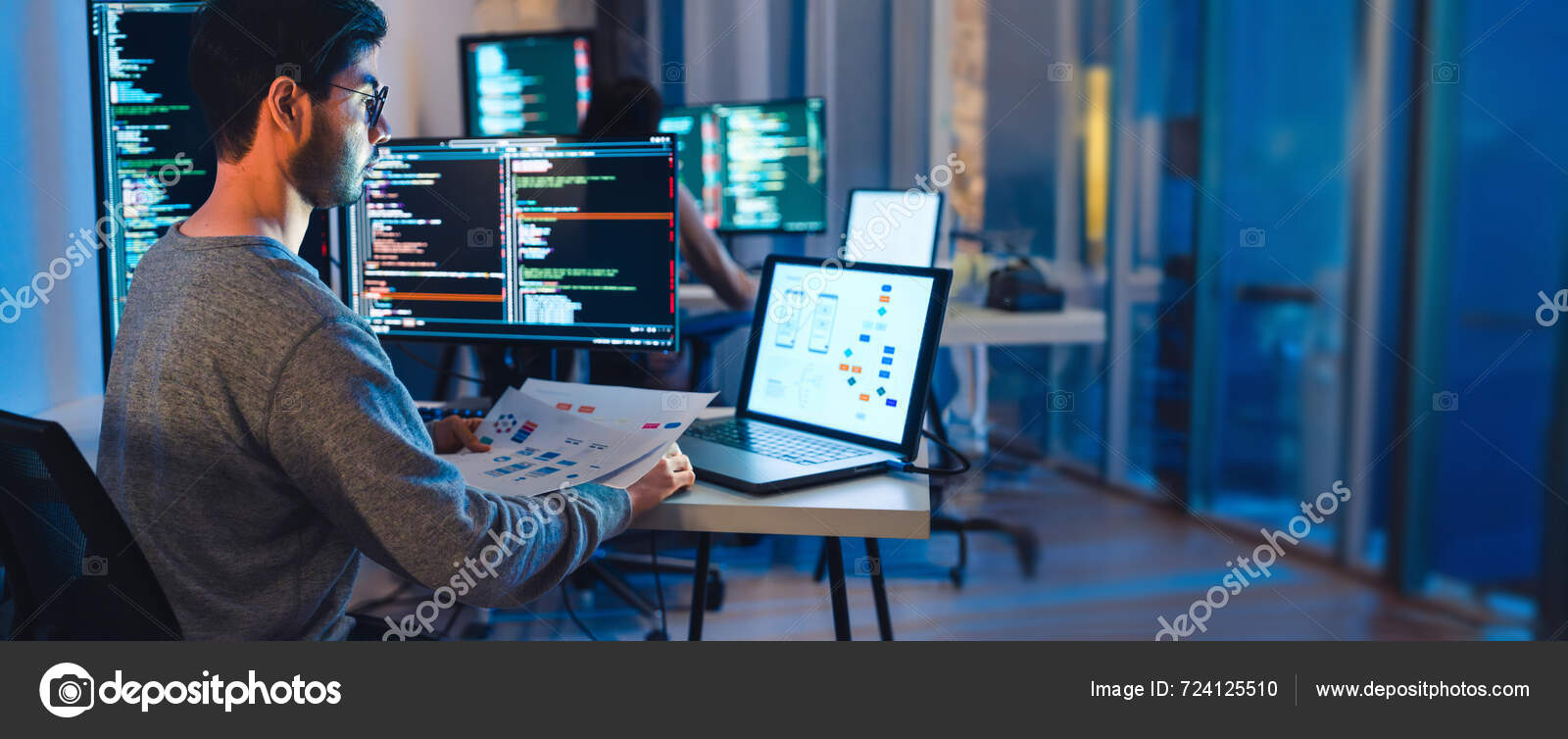 Asian Software Developers Working Multiple Screens Displaying Code ...