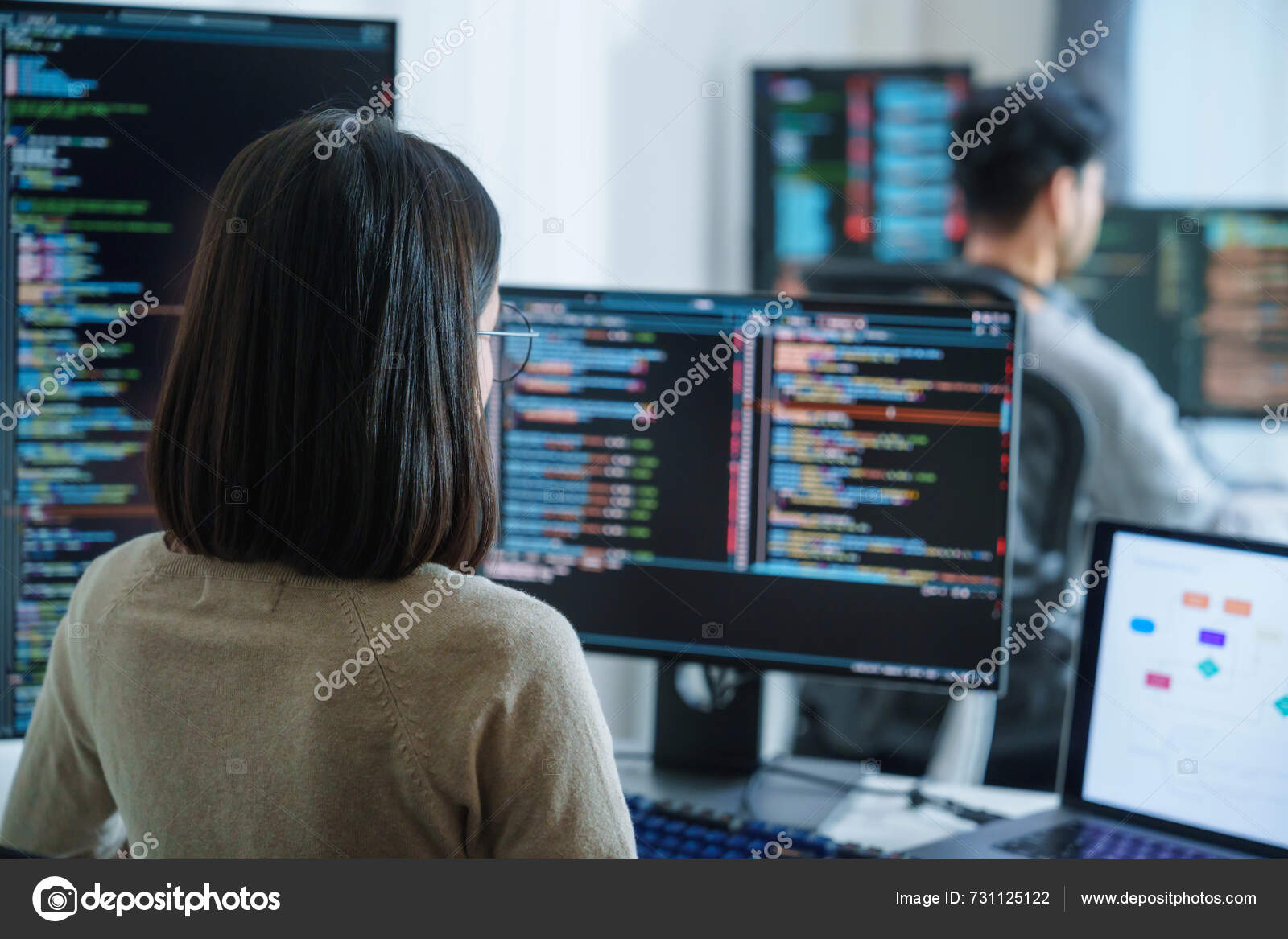 Asian Software Developers Working Multiple Screens Displaying Code ...