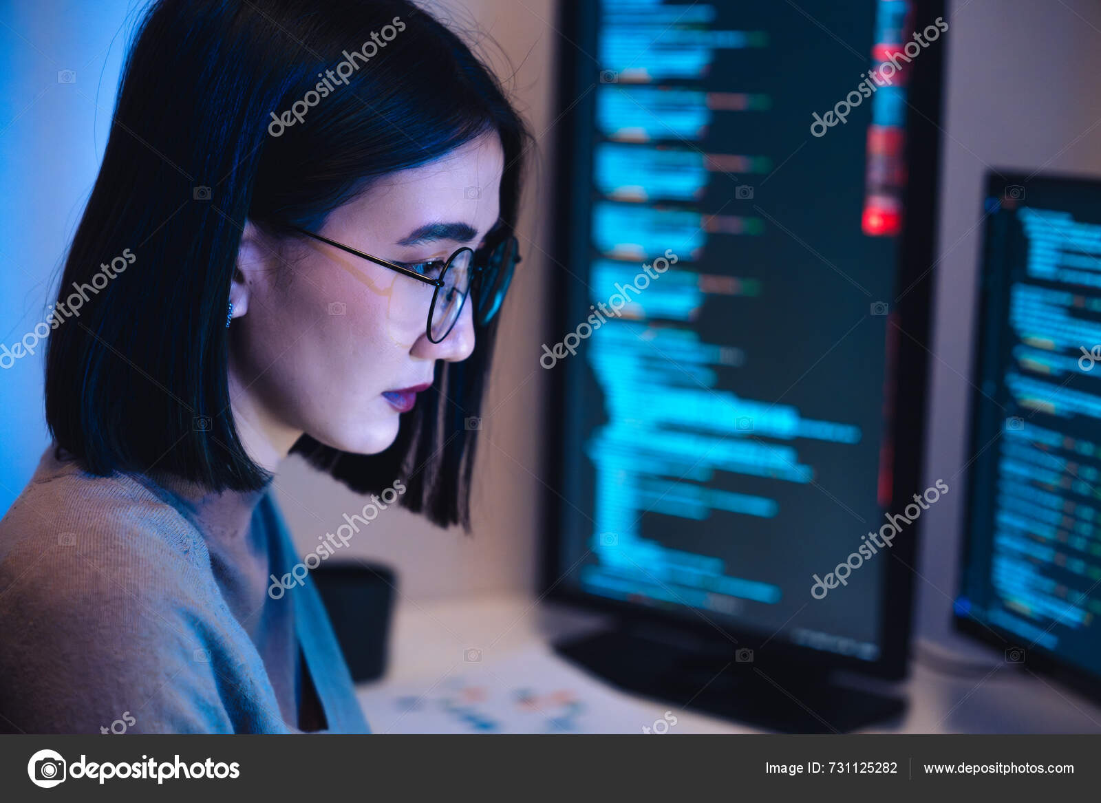 Asian Woman Software Development Working Coding Computer Screen ...
